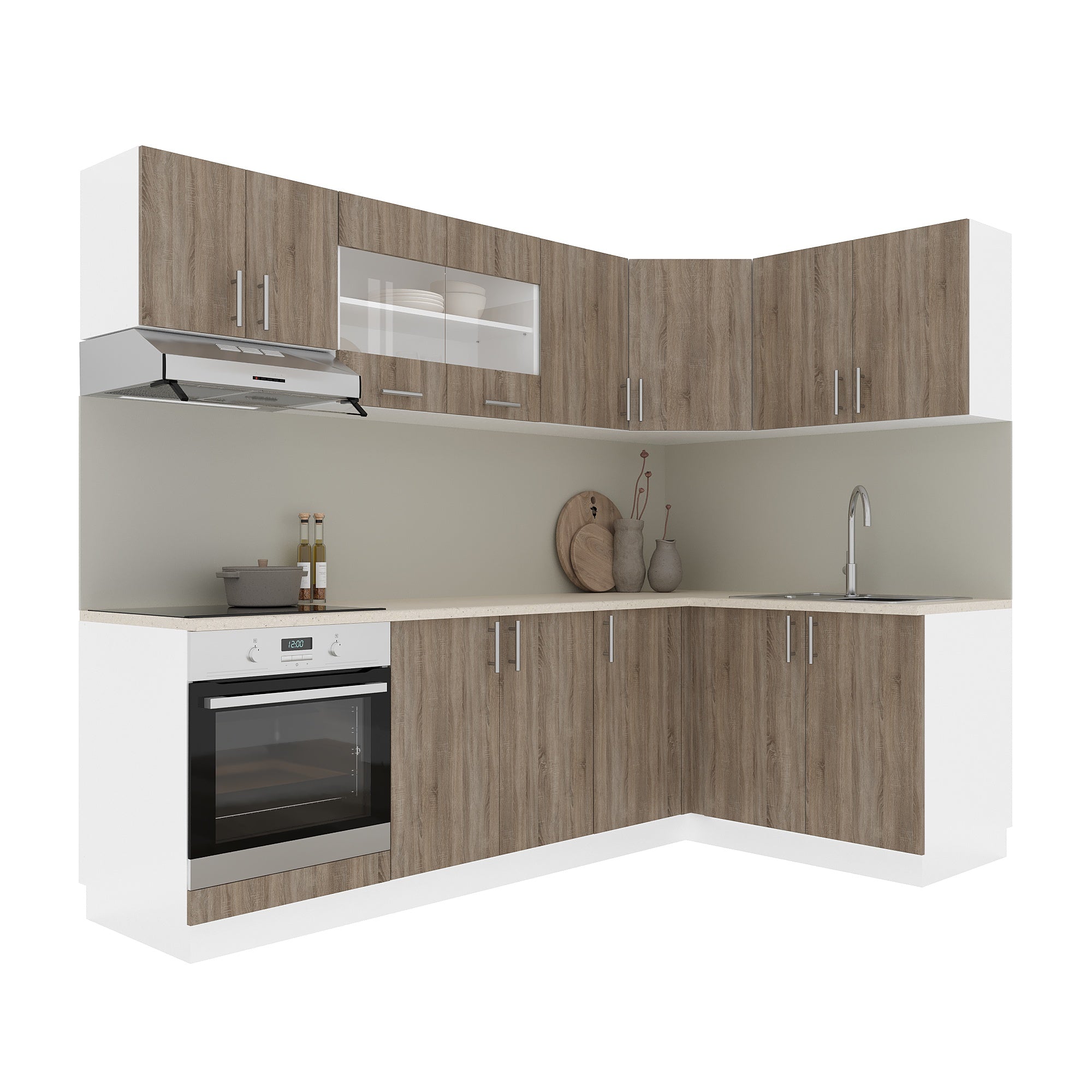 Set mobila bucatarie modulara Karo V34, Stejar Sonoma Inchis/Alb, 240 cm